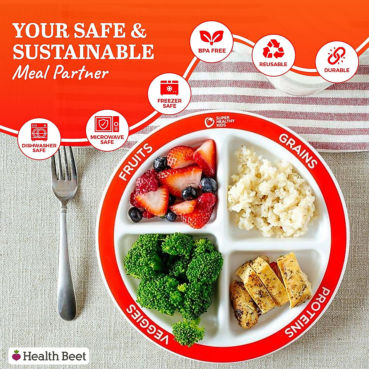 Health Beet MyPlate Portion Control Plate – 4 Divided Sections for Fruit Grains Veggies Proteins - Dishwasher & Microwave Safe Sectioned Plates for Health Education (1-Pack)