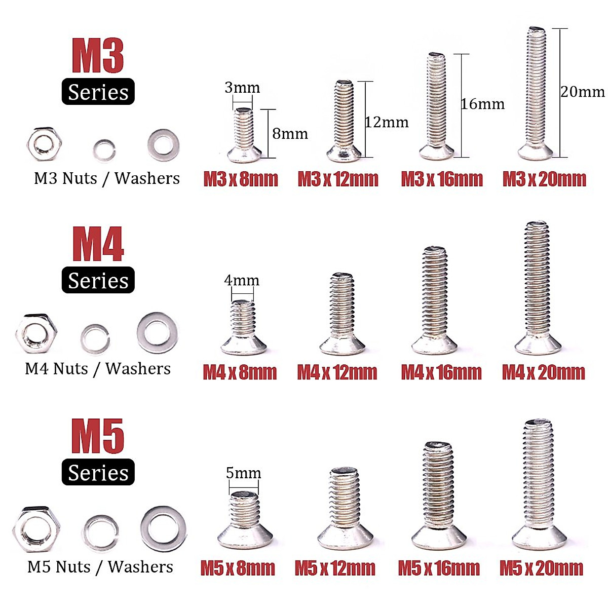Hilitchi 705-Pcs M3 M4 M5 Phillips Flat Head Machine Screws Bolts Nuts Flat and Lock Washers Assortment Kit, 304 Stainless Steel, 8 to 20mm Length, Full Thread