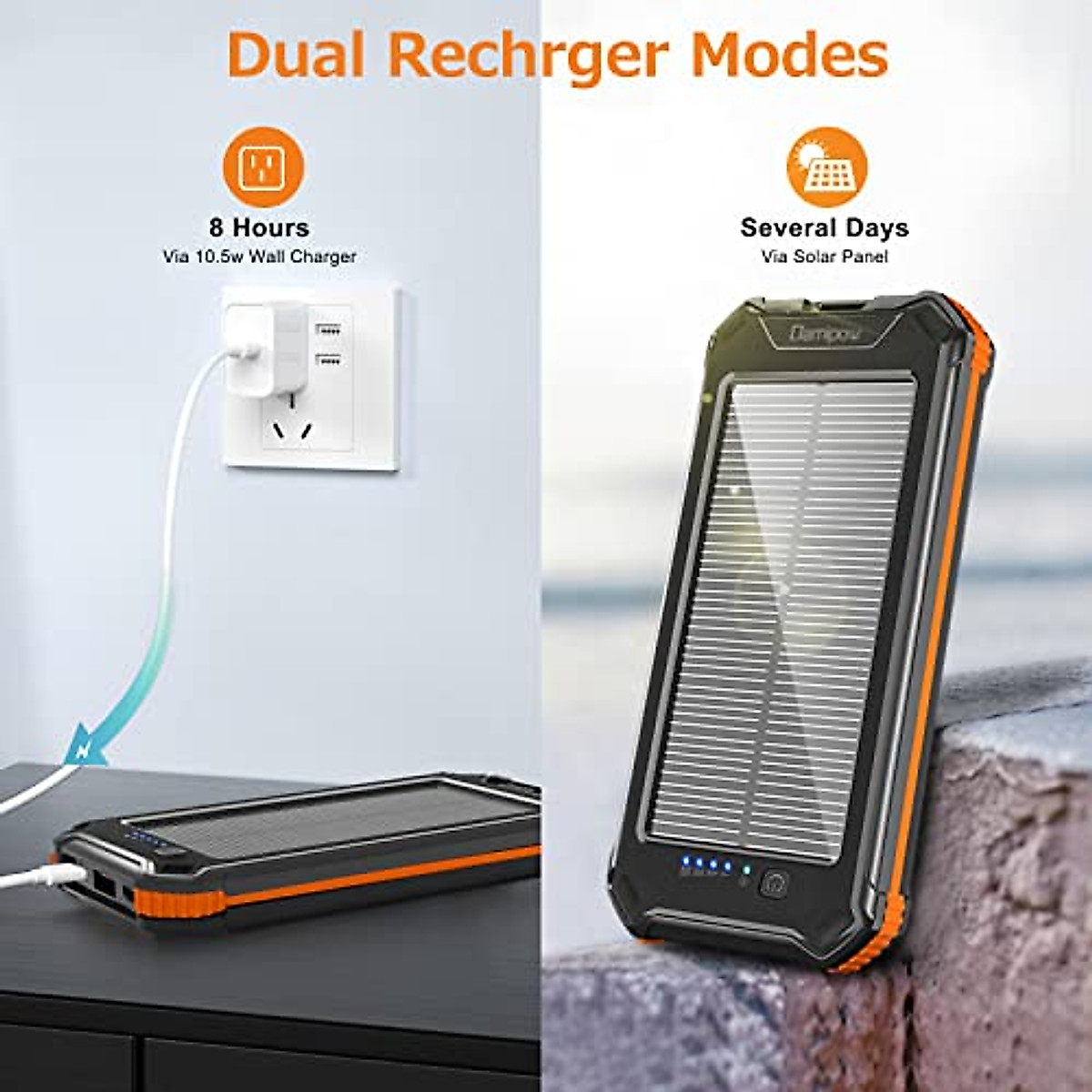 Damipow Portable Charger Solar Charger Power Bank 20000mAh with Built-in USB C & Micro B Cables, iOS Adapter, Flashlight, Waterproof External Battery Pack for for iPhone & Android