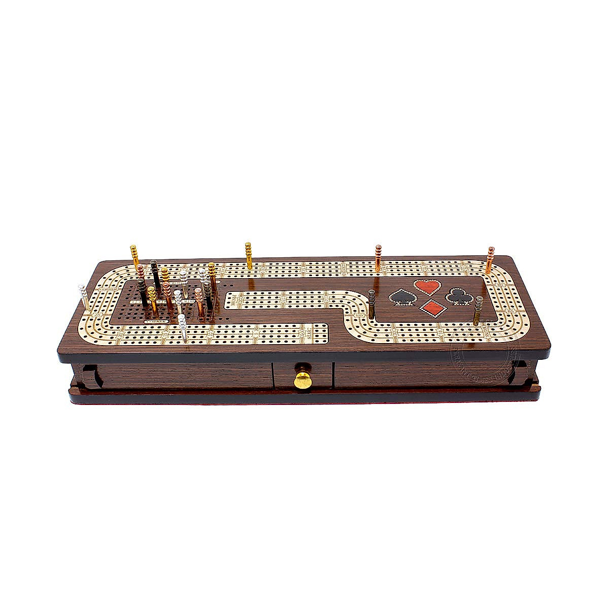 House of Cribbage - Continuous Cribbage Board/Box Inlaid in Wenge Wood/Maple : 4 Track - Cards & Pegs Storage Drawer with Score Marking Fields for Skunks, Corners and Won Games