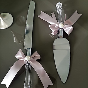 OnePlace Gifts Crystal Wedding Cake Knife & Server Set with Bow and Stainless Steel, Silver