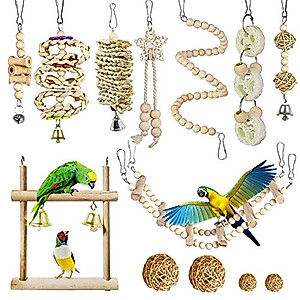 Allazone Bird Parrot Toys, 13 PCS Hanging Bell Pet Bird Cage Hammock Swing Toy Wooden Chewing Toy for Conures, Love Birds, Small Parakeets Cockatiels, Macaws