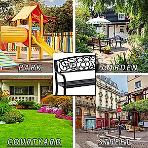 2 Person Outdoor Bench Metal Entryway Bench Garden Patio Bench with Warm Welcome Pattern Backrest and Elegant Flower Finish Porch Bench for Yard Lawn Work Entryway Deck Patio Furniture Bench Black