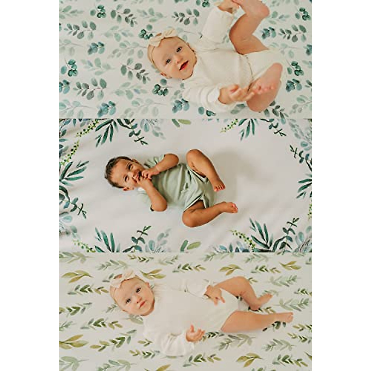 NODNAL CO. 3 Fitted Leafy Mini Crib Pack n Play Playard Portable Crib Sheets Set - 100% Oeko-TEX Cotton Baby Girl/Boy Nursery Bedding - Gender Neutral Floral Leaves Travel Pack and Play Playpen Sheet