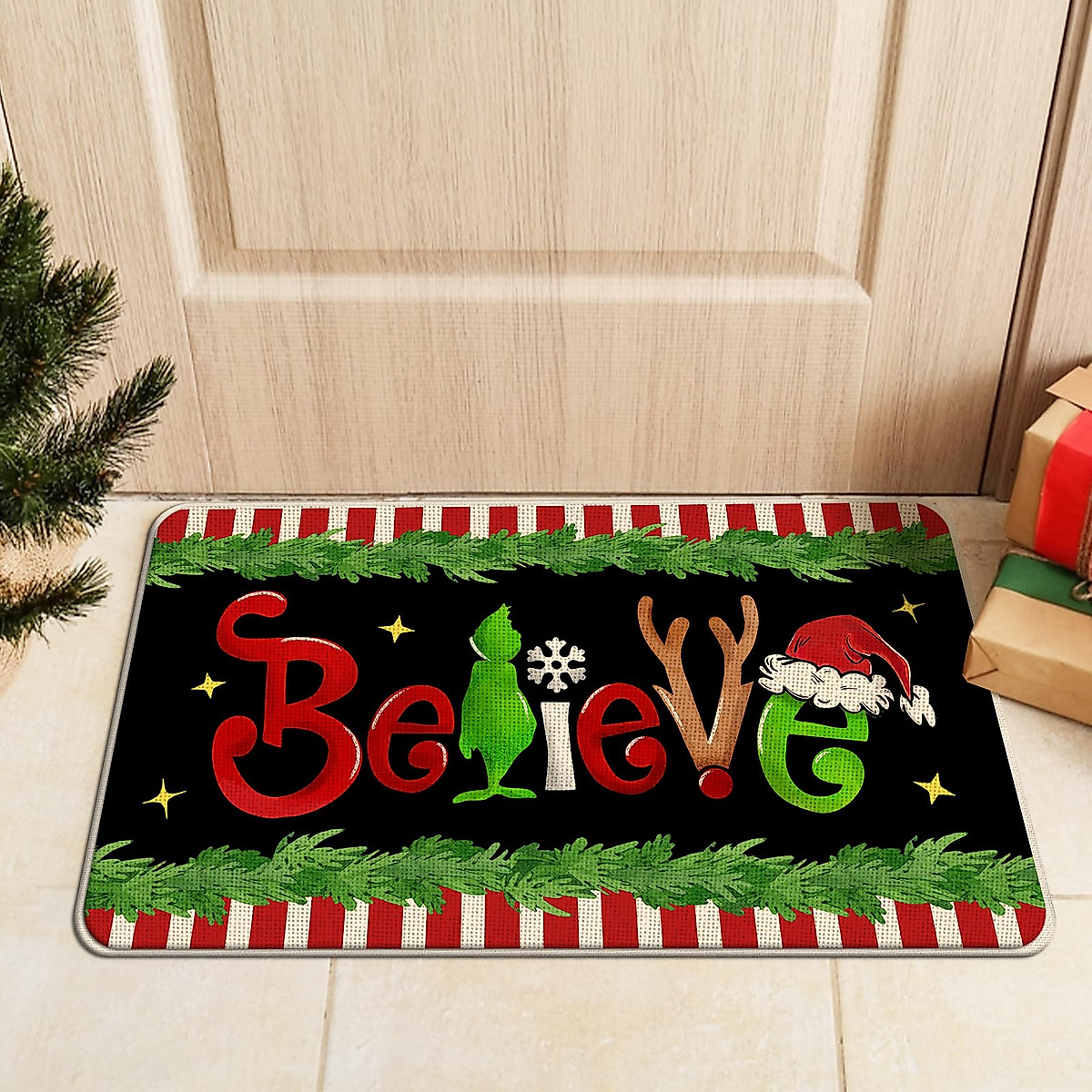 Tailus Christmas Believe Kitchen Rugs Set of 2, Xmas Gifts Stink Stank Stunk Green Kitchen Mats Decor, Red White Stripes Holiday Door Mat Home Decorations - 17x29 and 17x47 Inch