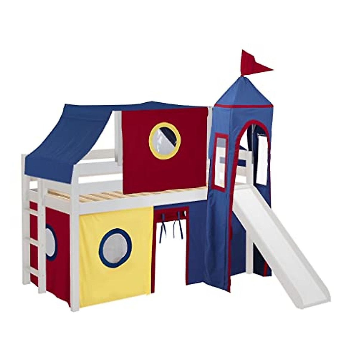 JACKPOT! Castle Low Loft Bed with Slide Red & Blue Tent and Tower, Loft Bed, Twin, White