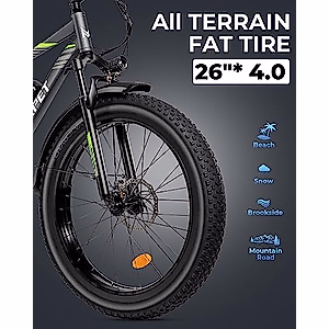 Mukkpet Suburban 750W Electric Bike for Adults 26'' * 4.0 All Terrain Tire Electric Mountain Bikes 48V 15AH BMS Removable Lithium Battery Electric Bicycle Shimano 7-Speed Electric Bike, Standard…