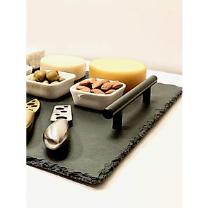 Natural Slate Cheese Board and Knife Set | Charcuterie Board Cheese Knives and Spreader set 14 Pieces 16" x 12" Serving Tray with Black Handle Ceramic Bowls Soapstone