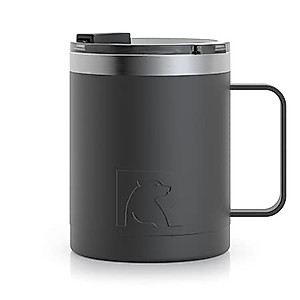 RTIC Coffee Mug with Handle, 12oz, Black, Portable Travel Thermal Camping Cup, Vacuum-Insulated with Lid, Stainless Steel, Sweat Proof, Keeps Hot & Cold Longer