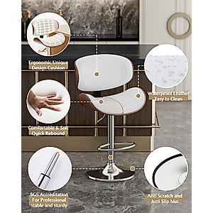 Aowos Bar Stools Set of 4, Adjustable Swivel Leather Bar Stools for Kitchen Island, Mid Century Modern Counter Height Bar Chairs Barstools with Back & Footrest (White)