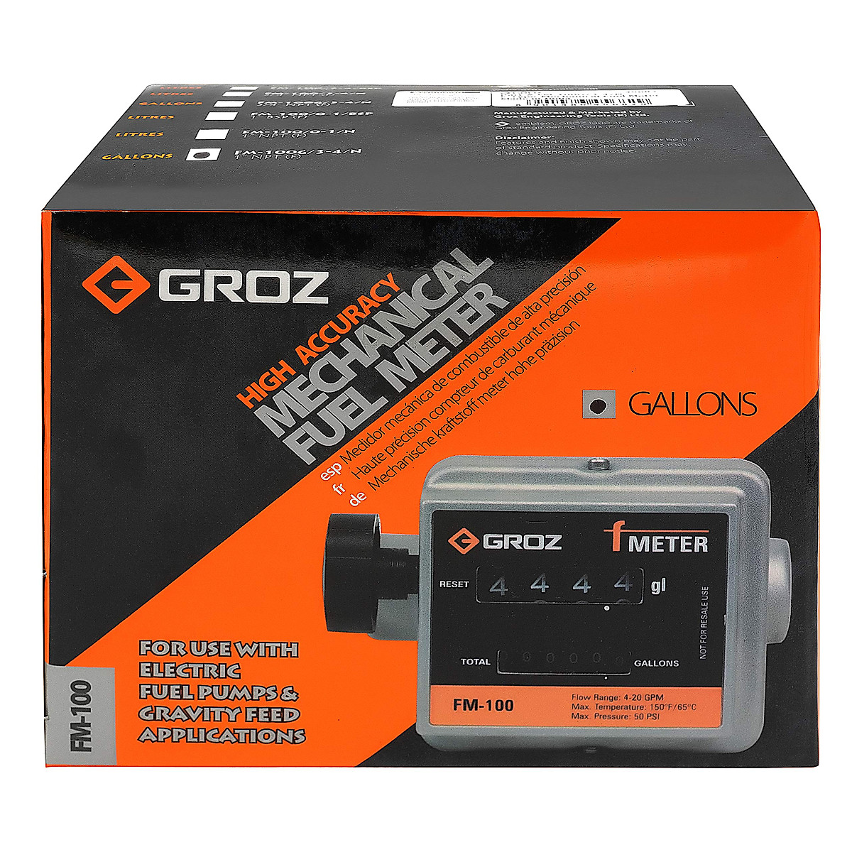 Groz 45682 F Meter Mechanical Fuel Meter, Gallons, 3/4" NPT Female