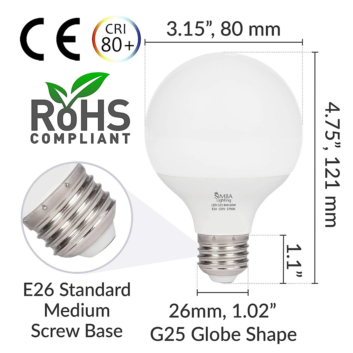 Simba Lighting LED Vanity Globe G25 (G80) Light Bulb for Bathroom, Makeup Mirror | Decorative White Frosted Cover, 8W, 60W Equivalent, 120V, Standard E26 Medium Base, Warm White 2700K, Pack of 3