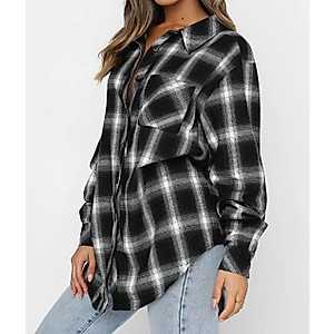 Lacozy Women’s Long Sleeve Buffalo Plaid Flannel Shirt Basic Button Down High Low Hem Tops Black Medium