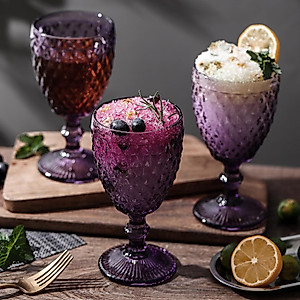 1500° C TABLETOP Purple Colored Goblet Glasses 10 oz. set of 6 Water Goblets Vintage Glassware Embossed with Diamond Pattern for Iced Tea Beverage for Party and Wedding
