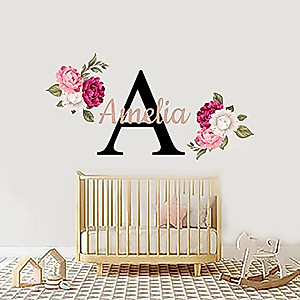 waldo Name and Initial Peonies Wall Decal - Kids Wall Decor - WM131. Custom Name Removable Nursery Wall Decal for Girl - Flower Mural Wall Decal for Girls Bedroom