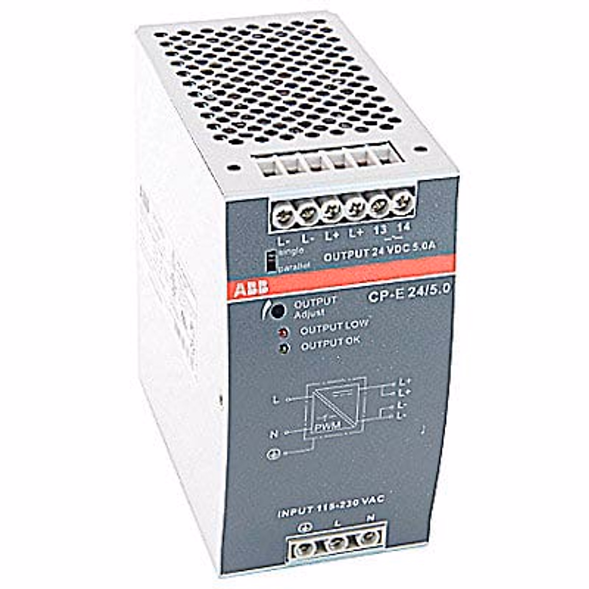 ABB 1SVR427034R0000 Power Supply; AC-DC; 24V@5A; 90-132/180-264V in; Enclosed; DIN Rail Mount; CP-E Range
