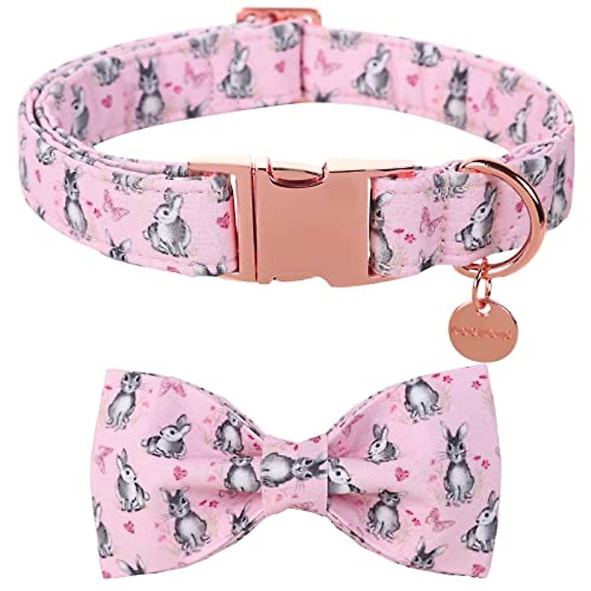 DOGWONG Easter Day Dog Collar with Bowtie, Sketch Bunny Dog Collar Soft Durable Adjustable Costume Pink Easter Puppy Collar for Small Medium Large Dog Gift