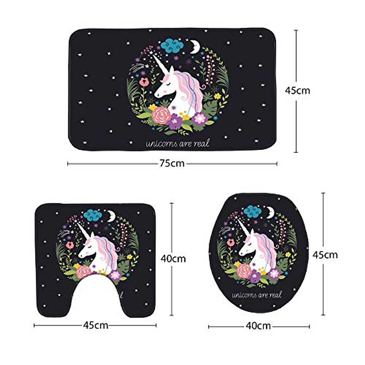 Amagical Unicorns are Real Pattern 16 Piece Bathroom Mat Set Shower Curtain Set Bath Mat Contour Mat Toilet Cover Fabric Shower Curtain with 12 Hooks Black (16)