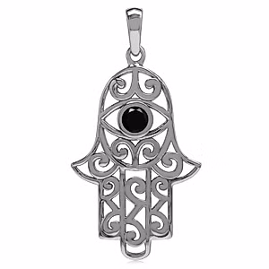Silvershake Natural Black Spinel 925 Sterling Silver Evil Eye on Hamsa Hand Pendant