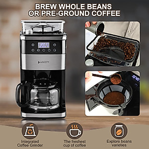 Homtone 10-Cup Coffee Maker with Burr Grinder Built-in,Programmable Grind & Brew, Smart LED Touchscreen Auto Drip Machine, 950W, Black/Stainless Steel, Customizable Strength & Grind Size