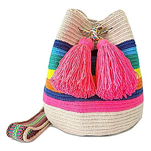 Wayuu Mochila Bag For Women, Colombian boho bags, Handmade With Big Nice-Looking Tassels