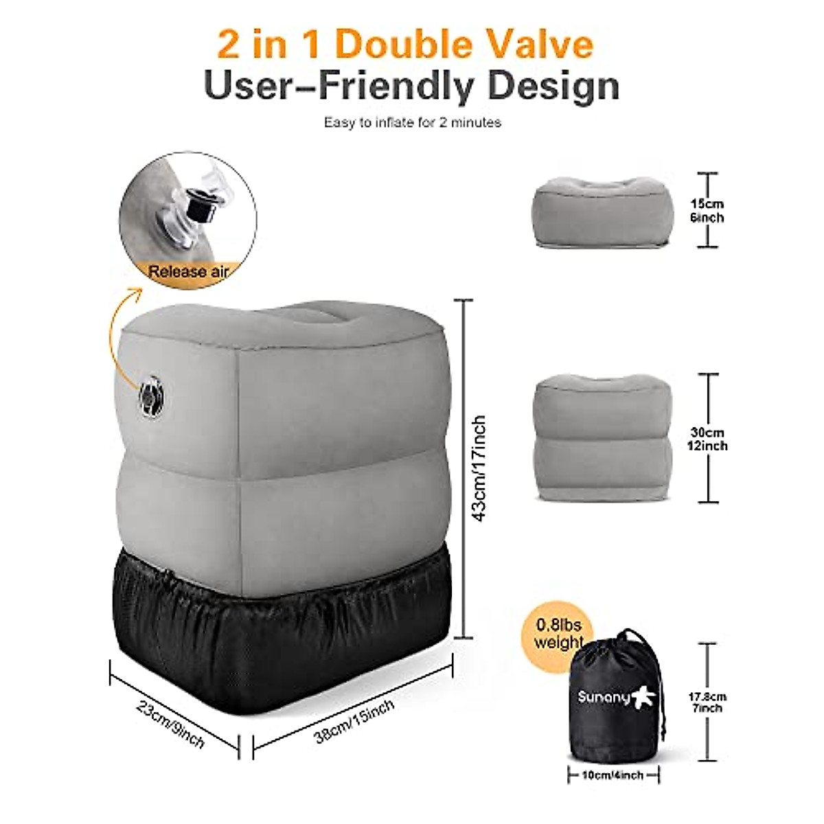 Sunany Inflatable Foot Rest Pillow for Travel, Kids/Adults Airplane Travel Pillow-Adjustable Height Cushions,for Kids to Sleep While Traveling,Suitable for Office, Home and Any Travell (1 Pack)