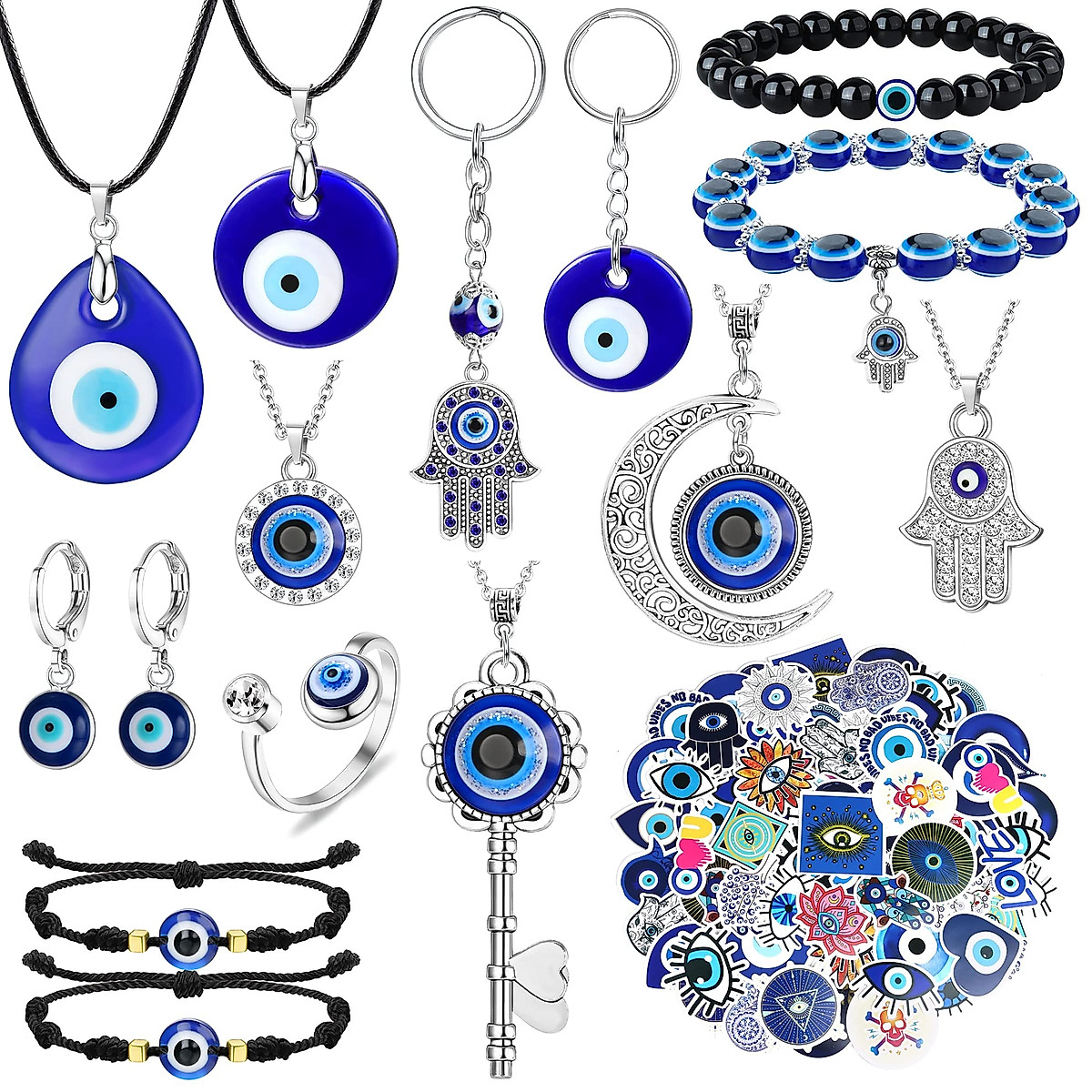 YADOCA 12/15Pcs Evil Eye Necklace for Women Men Bracelets Earring Ring Keychain Hamsa Hand Pendant Turkish Protection Jewelry Set with 50Pcs Evil Eye Stickers