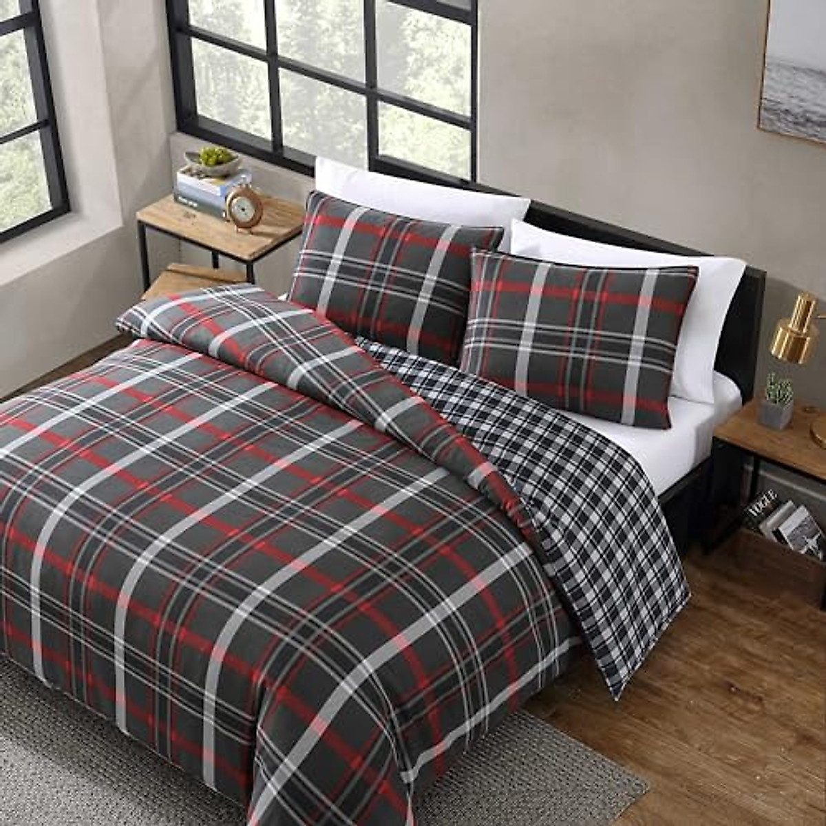 Eddie Bauer - Queen Duvet Cover, Reversible Bedding Set with Matching Shams, Cozy Home Decor (Willow Plaid Grey, Queen)