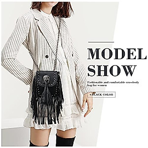 Oweisong Leather Skull Fringe Purses for Women Black Tassel Shoulder Crossbody Bag Unique Gothic Punk Satchel Handbag
