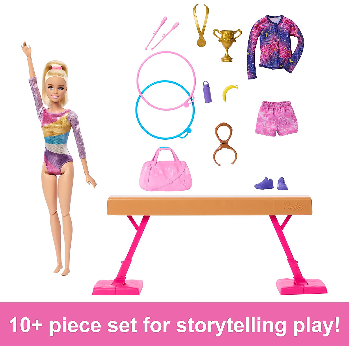 Barbie Careers Playset, Gymnastics Set with Blonde Gymnast Fashion Doll, C-Clip for Flipping Action, Balance Beam, Warm-Up Suit & Accessories