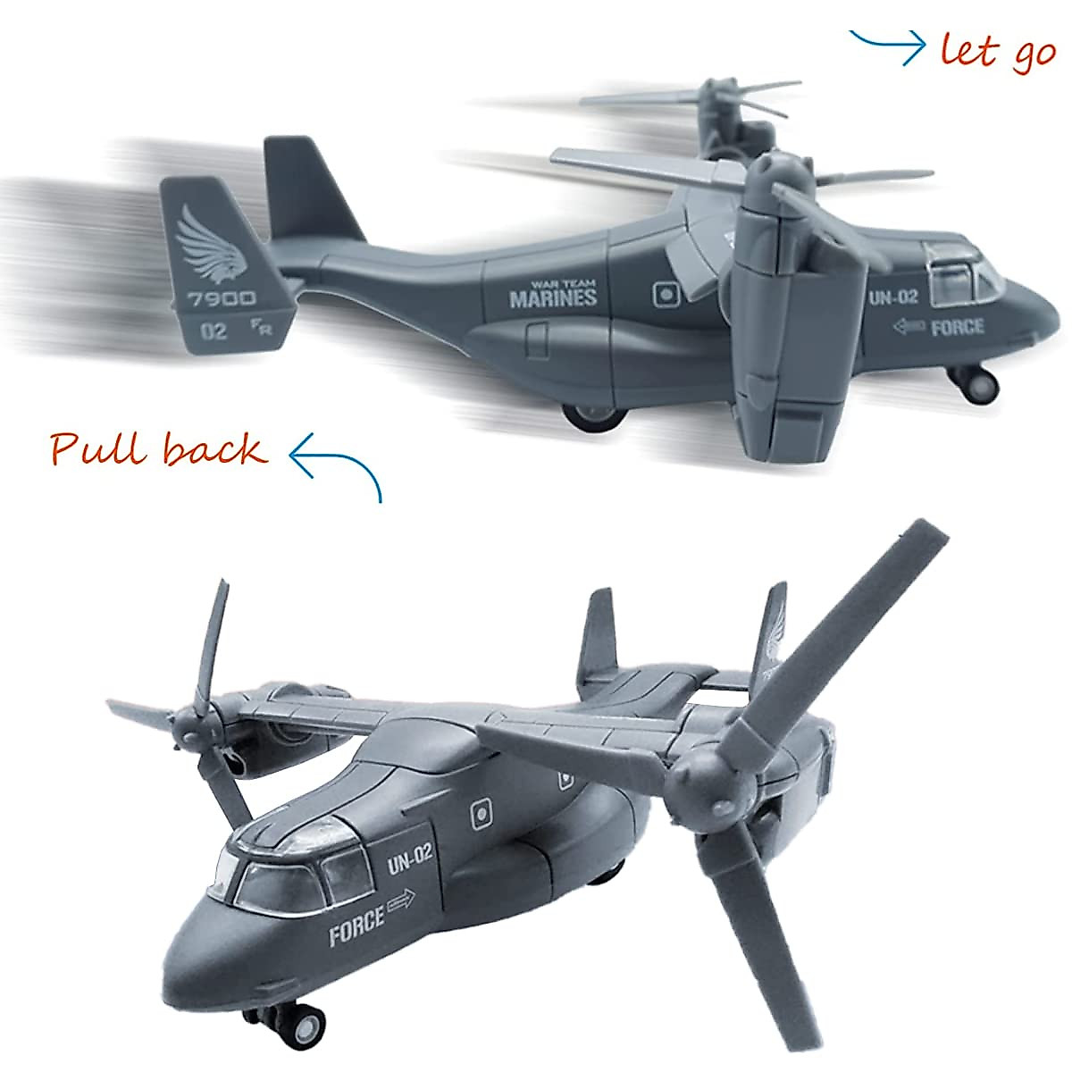 Diecast Metal Military Transport Helicopter V-22 Osprey - 1:400 Scale Alloy Model Plane Transporter Aircraft with Pullback Action, Lights and Sound