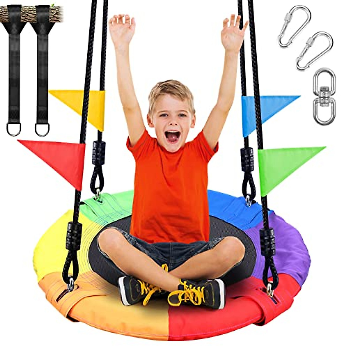 Odoland 24 inch Children Tree Swing, Outdoor Small Saucer Swing Platform Swing for Kid, Round Flying Swing wirh Adjustable Hanging Ropes for Backyard, 220lb Weight Capacity Great for 1-2 Kids