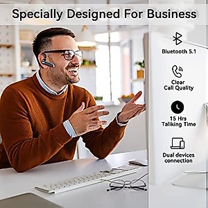 EUQQ Bluetooth Earpiece for Cellphone, Bluetooth V5.1 Headset Wireless Headphone with Noise Canceling Microphone for Office Driving,Hands-Free Earphones Compatible with Android/iOS (Zeus-Case)