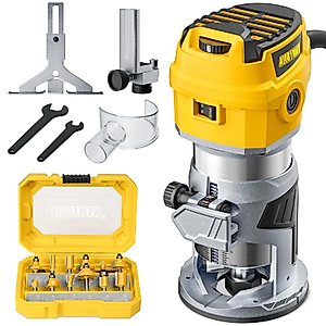 Alloyman Router Tool, 8.5Amp Wood Router, Max 30000 RPM Handheld Palm Router, 6 Variable Speed, 12Pcs Wood Compact Router Bits, 950W Wood Trim Routers Kit for Woodworking Trimming