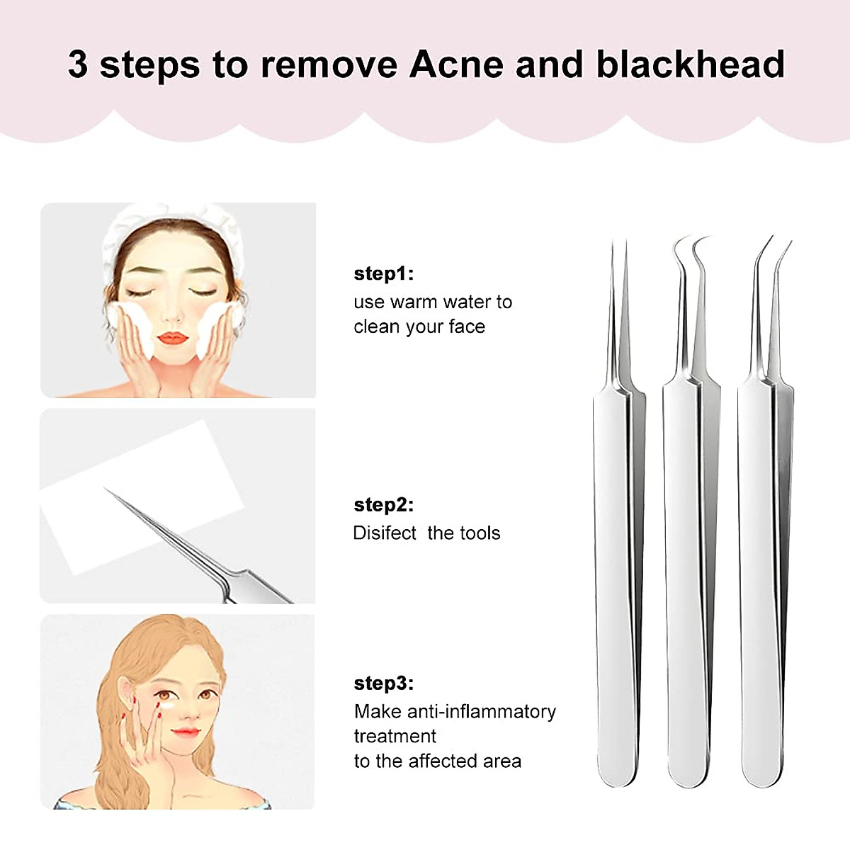 La Chat Blackhead Remover Kit - Blackhead Tweezers Removal Tool 3 pcs Comedone Pimple Extractor Tool, Acne Blemish Kit for Blackhead, pimple Tool, Curved Blackhead Tweezers kit (3 pcs)