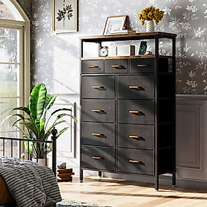 AODK Dresser with Charging Station, 59-Inch Tall Dresser for Bedroom with 11 Storage Drawers, Large Fabric Dressers with Sturdy Metal Frame and Wooden Top, Vintage