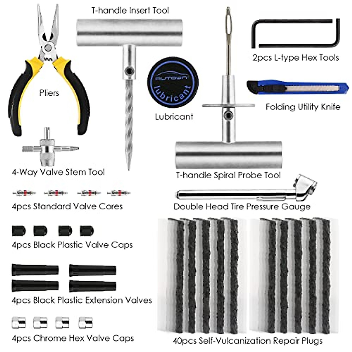 AUTOWN Tire Repair Kit - 68pcs Heavy Duty Tire Plug Kit, Universal Tire Repair Tools to Fix Punctures and Plug Flats Patch Kit for car Motorcycle, Truck, ARB，ATV, Tractor, RV, SUV, Trailer