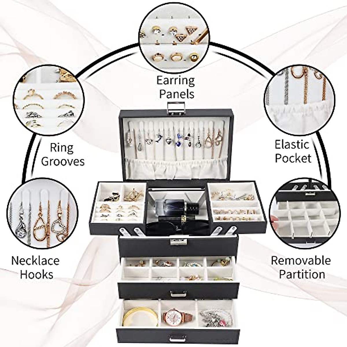 Dajasan Jewelry Boxes for Women Girls, Jewelry Organizer Box, 4 Layers Large Jewelry Storage Organizer for Earring, Ring, Necklace, Bracelets (Black)