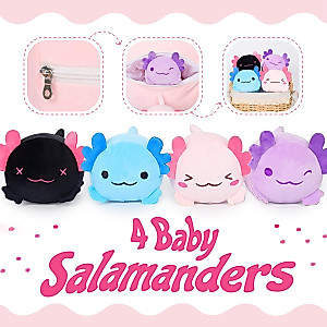 Alayger Plush Axolotl Pillow Mommy Stuffed Animal with 4 Babies Axolotls Plushies, Super Soft Kawaii Hugging Pillow Toy Gifts for Kids Bedding