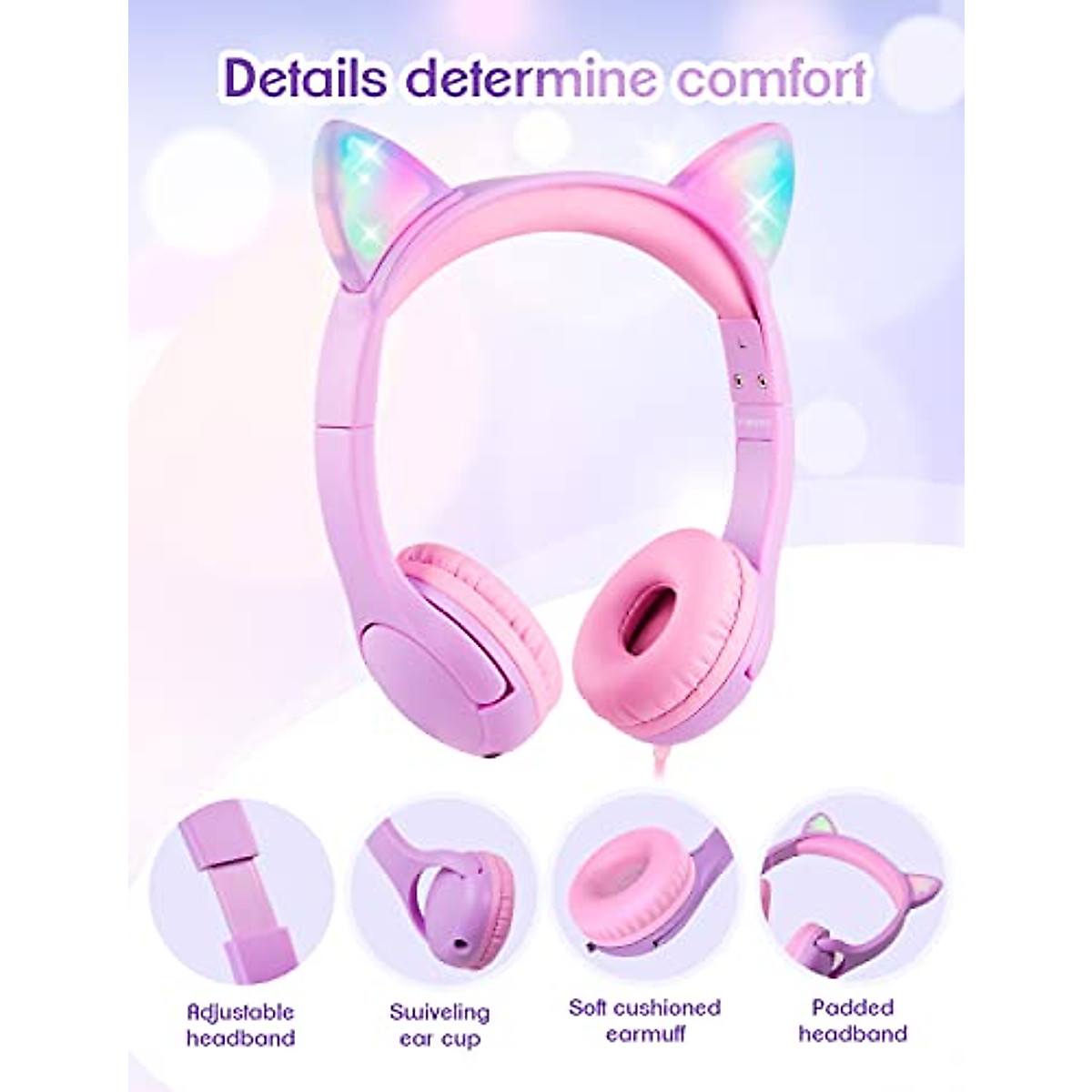 PINGKO Kids Headphones: Toddler Headphones with Microphone - Cat Ear Headphones for Girls Boys, LED Light 3.5mm Jack, 85db Volume, Music Sharing Stereo Earphones for iPad | School | Travel (Purple)