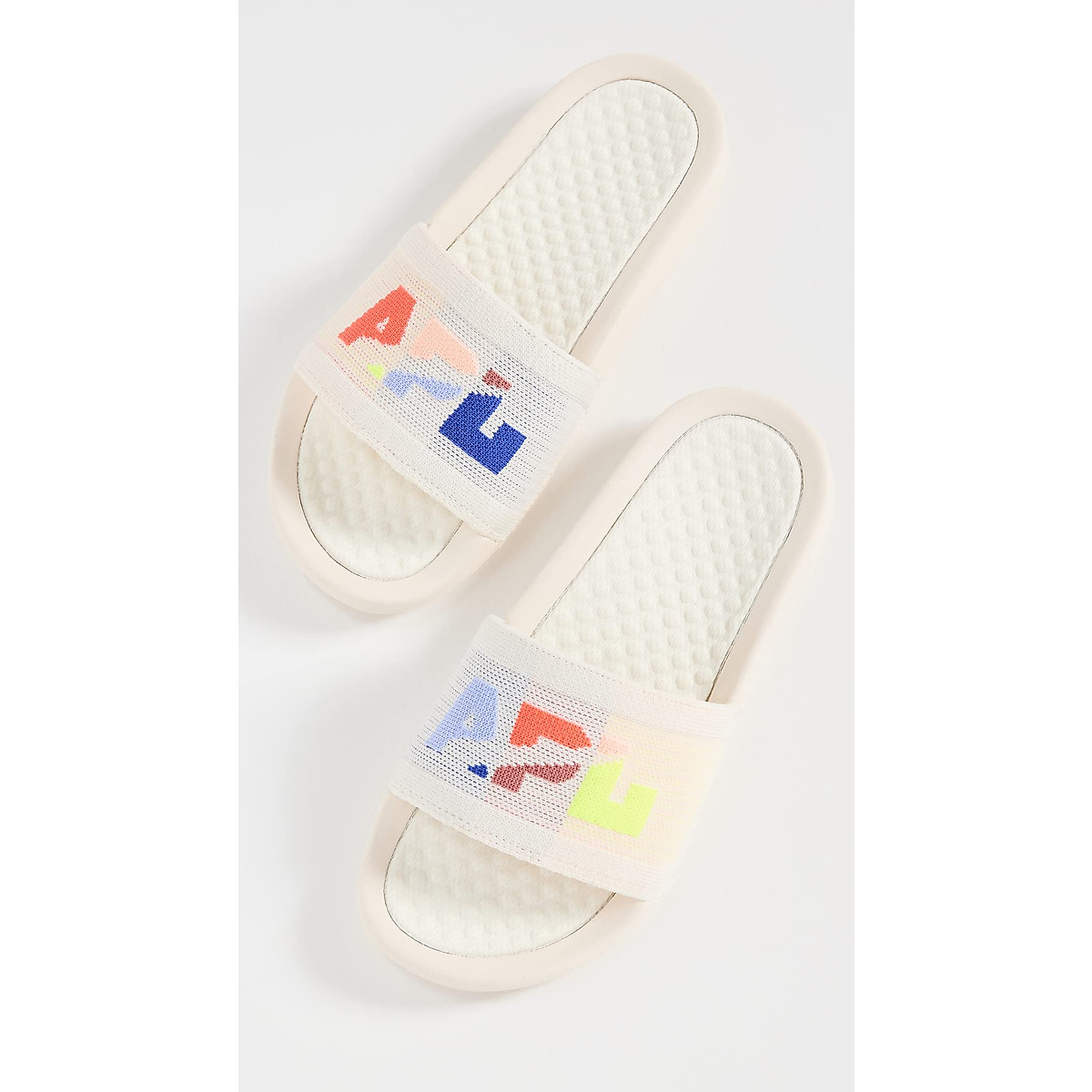 APL: Athletic Propulsion Labs Women's Big Logo Techloom Slides, Prstine/Neon/Blocked, Off White, 8 Medium US