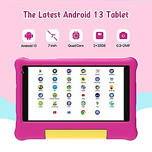 ApoloSign Kids Tablet, 7-inch Android 13 Tablet for Kids, 2GB RAM+32GB ROM with WiFi, Bluetooth, Parental Control APP, Educational Games, Dual Cameras, Shockproof Case(Pink)