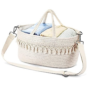 Geetery Baby Diaper Caddy Organizer Basket with Shoulder Strap Buckle Cotton Rope Diaper Basket Caddy, Changing Table Diaper Storage Caddy for Baby Shower Gifts