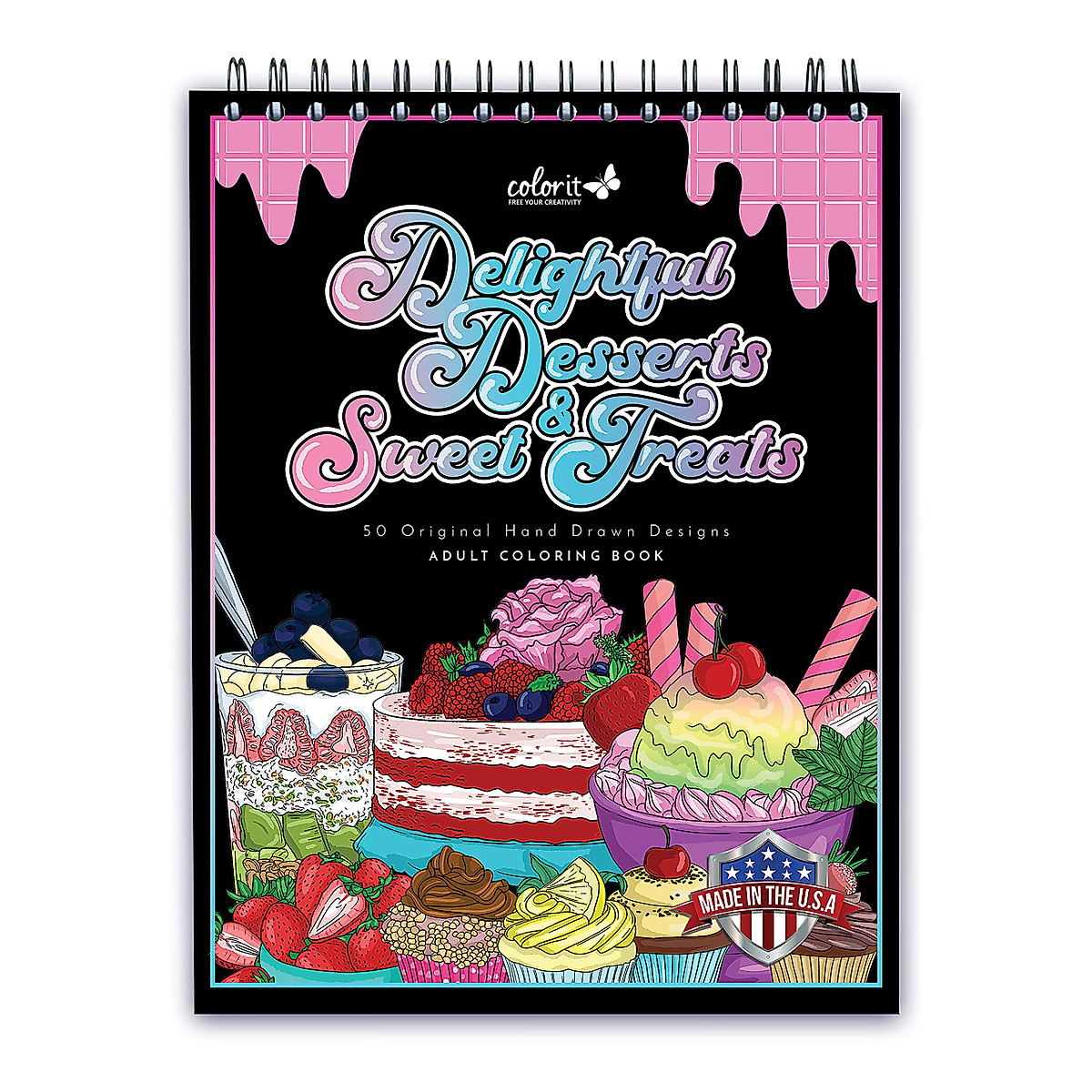 ColorIt Delightful Desserts and Sweet Treats Adult Coloring Book - 50 Single-Sided Designs, Thick Smooth Paper, Lay Flat Hardback Covers, Spiral Bound, USA Printed, Desserts Coloring Pages