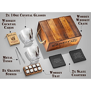 Mixology Whiskey Gift Set, Whiskey Glass Set with Rustic Wooden Crate, 8 Granite Whiskey Rocks Chilling Stones, 10oz Whiskey Glasses, Gift for Men, Dad, Husband, Boyfriend - Jameson Brown