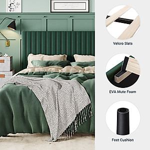 Allewie Queen Bed Frame, Velvet Upholstered Platform Bed with Adjustable Vertical Channel Tufted Headboard, Mattress Foundation with Strong Wooden Slats, Box Spring Optional, Easy Assembly, Green