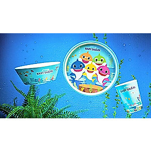 Zak Designs Baby Shark Dinnerware Set for Kids Includes 8" Plate, 6" Bowl, and 10oz Tumbler, Durable and Sustainable Melamine Bamboo Material (3-Piece Set)