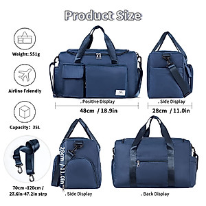 FIORETTO Womens Mens Sports Gym Bag Duffle Bag with Shoes Compartment, Weekend Travel Bag Overnight Bag for Women, Foldable Water Resistant Holdall Hospital Bag For Swimming, Basketball (Navy Blue)
