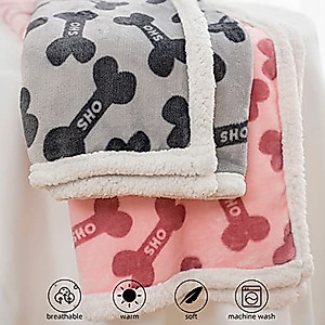 WIN WM MORE Dog Blankets 2 Pack Flannel Fleece Sherpa Puppy Throw Blankets Bulk 30x43 Inch Warm Sleeping Ultra Soft Bone Printed Plush Fluffy Paw Mat for Pet Couch Bed, Grey and Pink