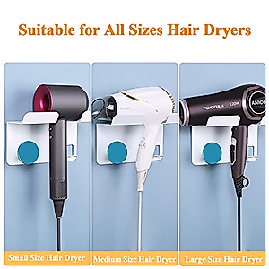 AKLVBL Hair Dryer Stand Holder Wall Mounted, New Upgrade Punching Or Nails-Free Glue Two Ways Blow Dryer Holder Rack Organizer for Dyson Supersonic Hair Dryer(White+Blue)